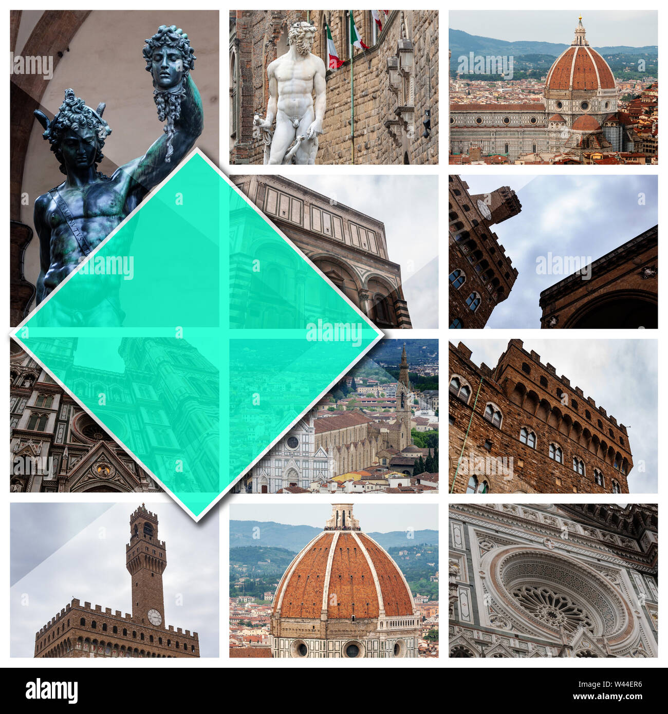 Collage photos of Florence, Italy, in 1:1 format. UNESCO heritage and ...