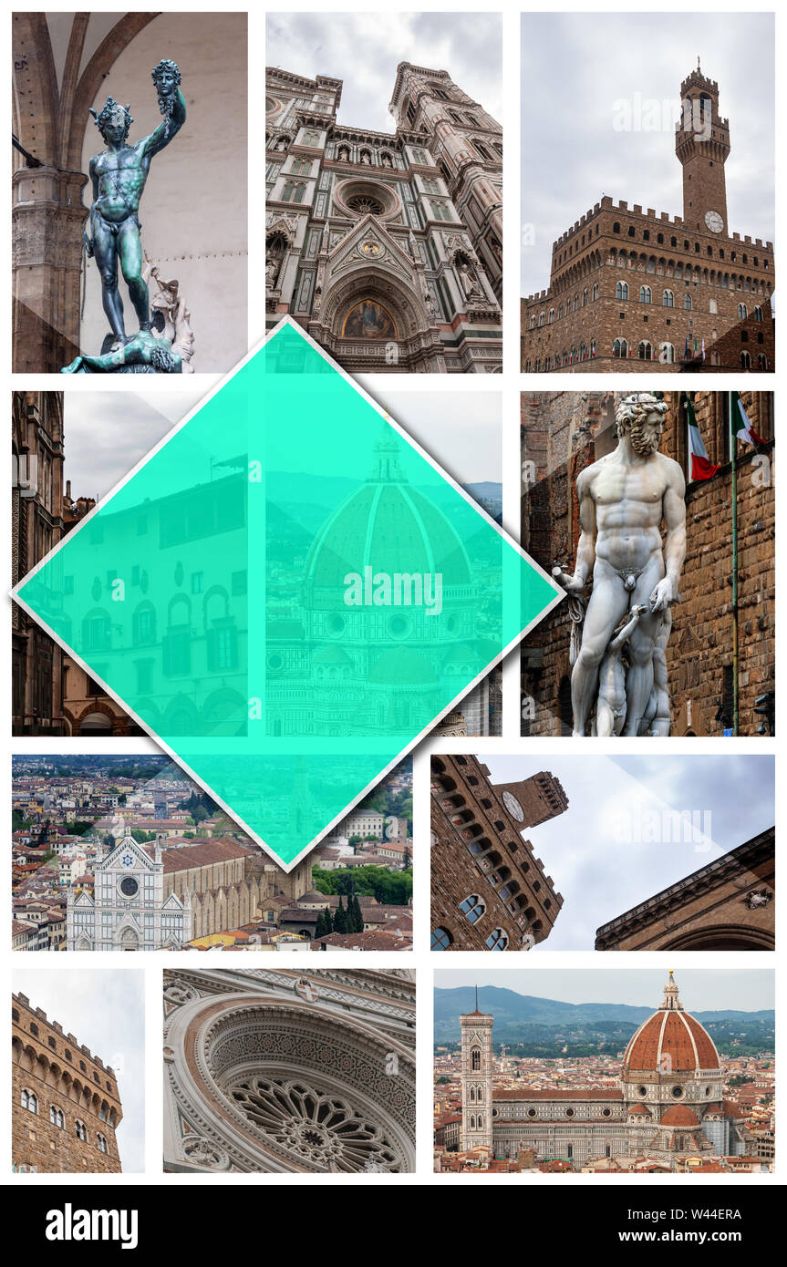 Collage photos of Florence, Italy, in 2:3 format. UNESCO heritage and ...