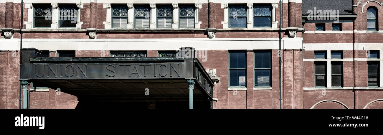 A narrowly cropped panamormic view of the Union Station's signage on ...