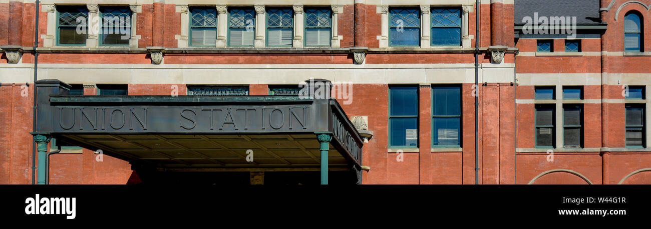 A narrowly cropped panamormic view of the Union Station's signage on ...