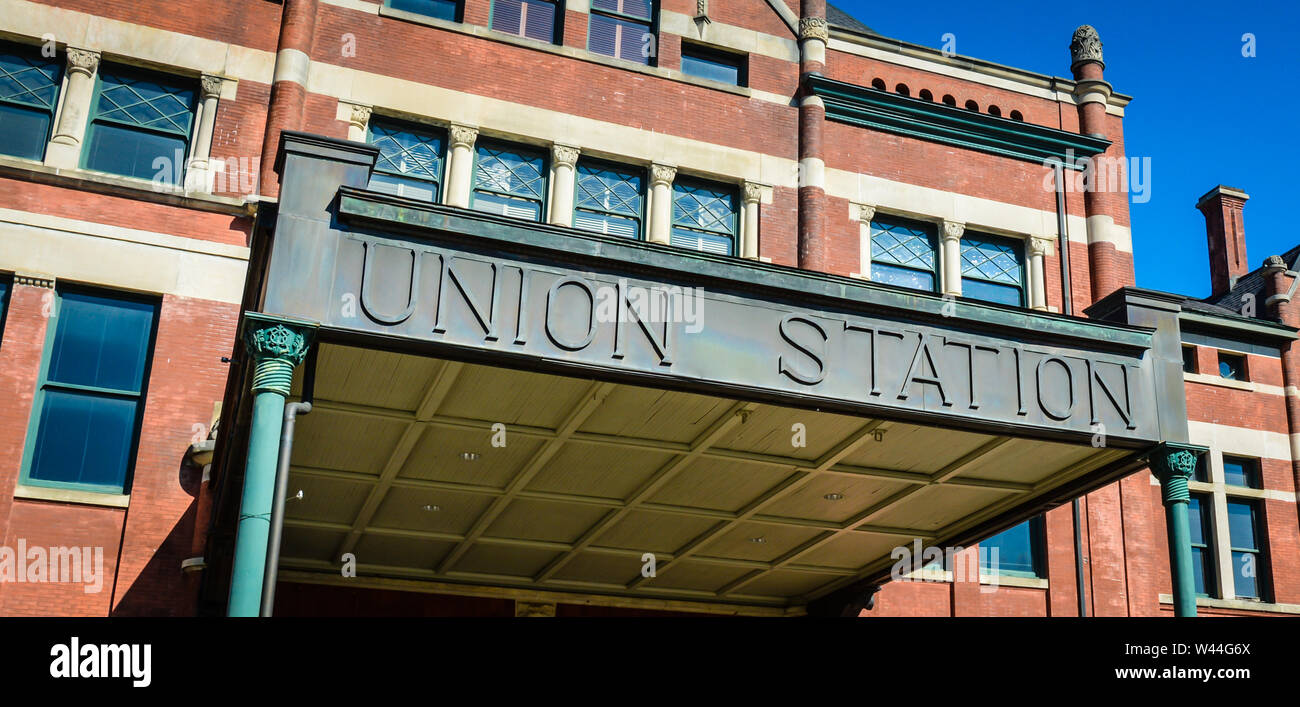 Close up of The Montgomery, AL, Union Station building, with Romanesque ...