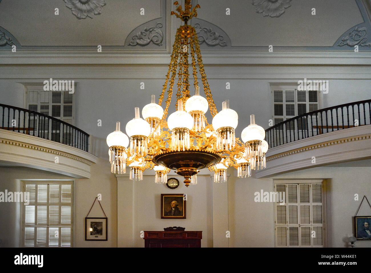Close up of a decorative chandelier hanging Inside the historic Alabama ...