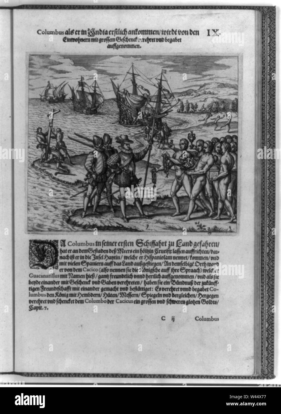 Columbus landing on Hispaniola, Dec. 6, 1492; greeted by Arawak Indians ...