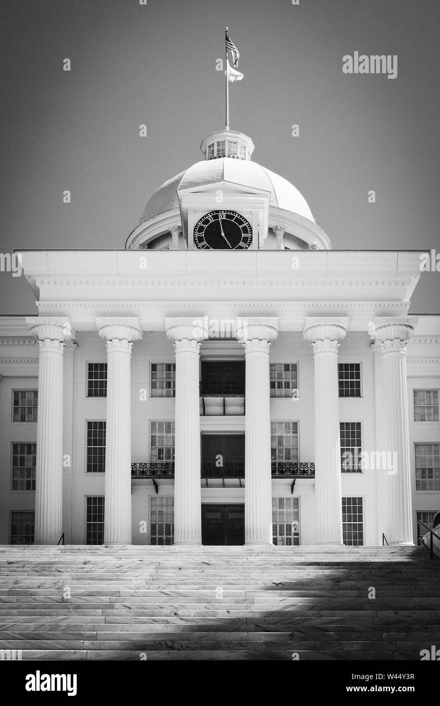 A low angle view ascending the marble stairs to the historic Alabama ...