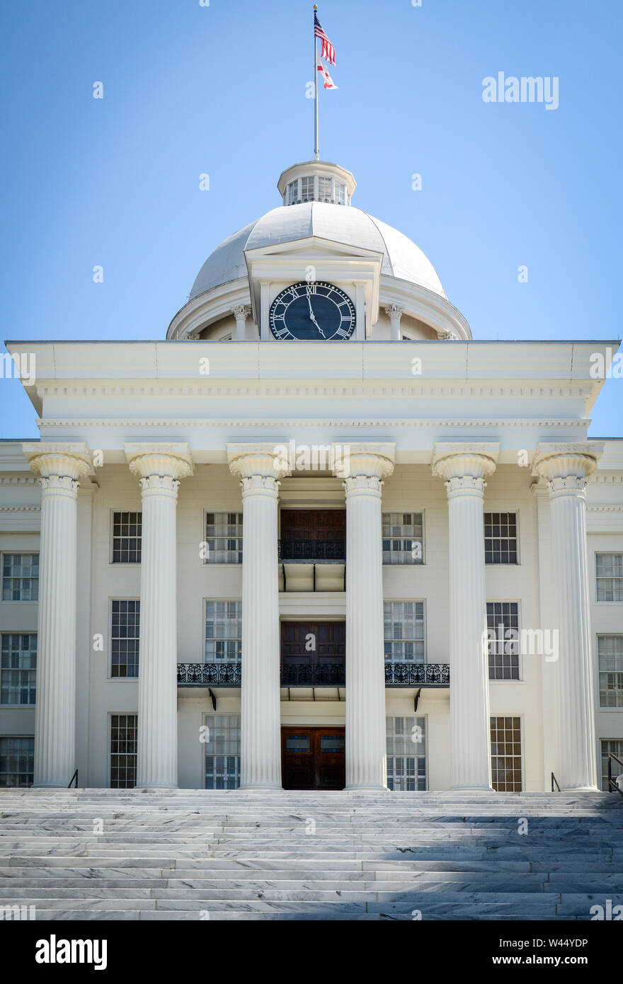 A low angle view ascending the marble stairs to the historic Alabama ...
