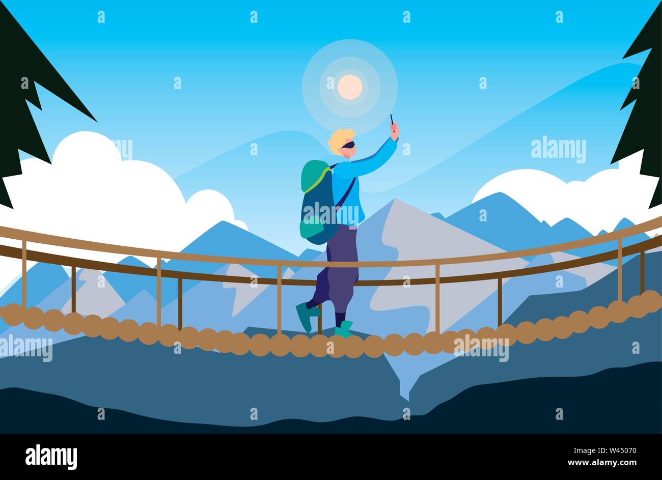 man crossing bridge mountains landscape vector illustration Stock ...