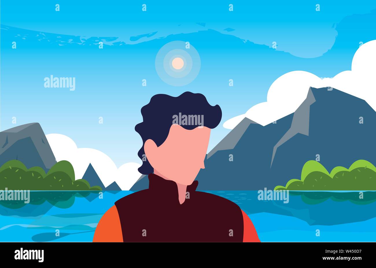 hiking man traveler landscape natural vector illustration Stock Vector ...