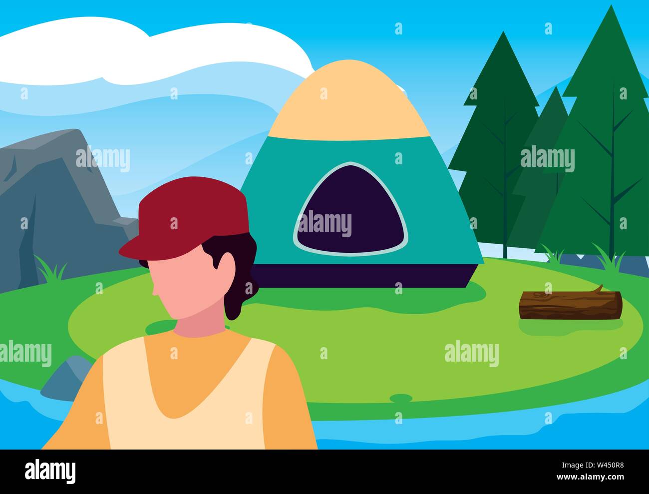 man camp tent river forest landscape vector illustration Stock Vector ...