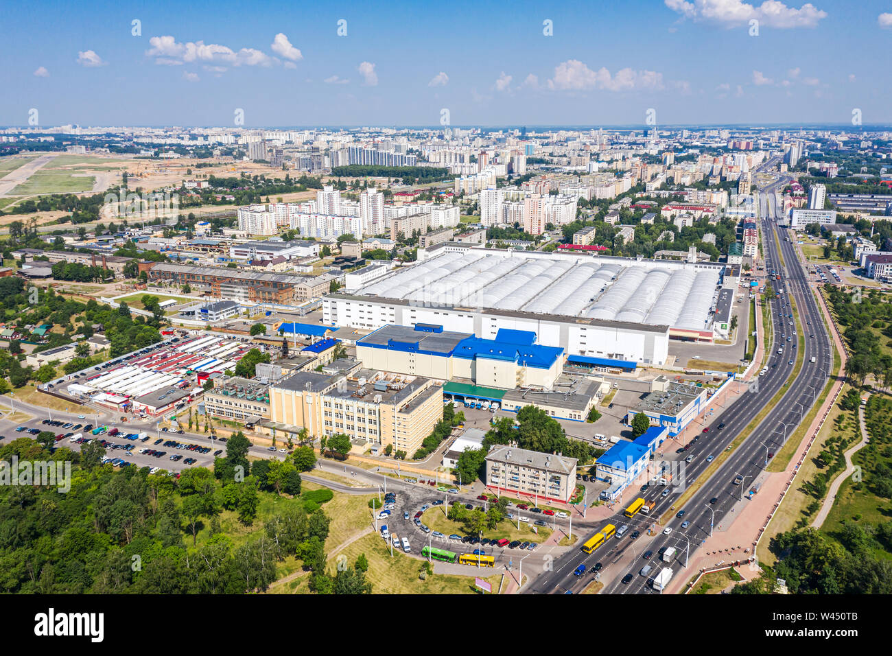 aerial view of urban industrial district with factory buildings and ...