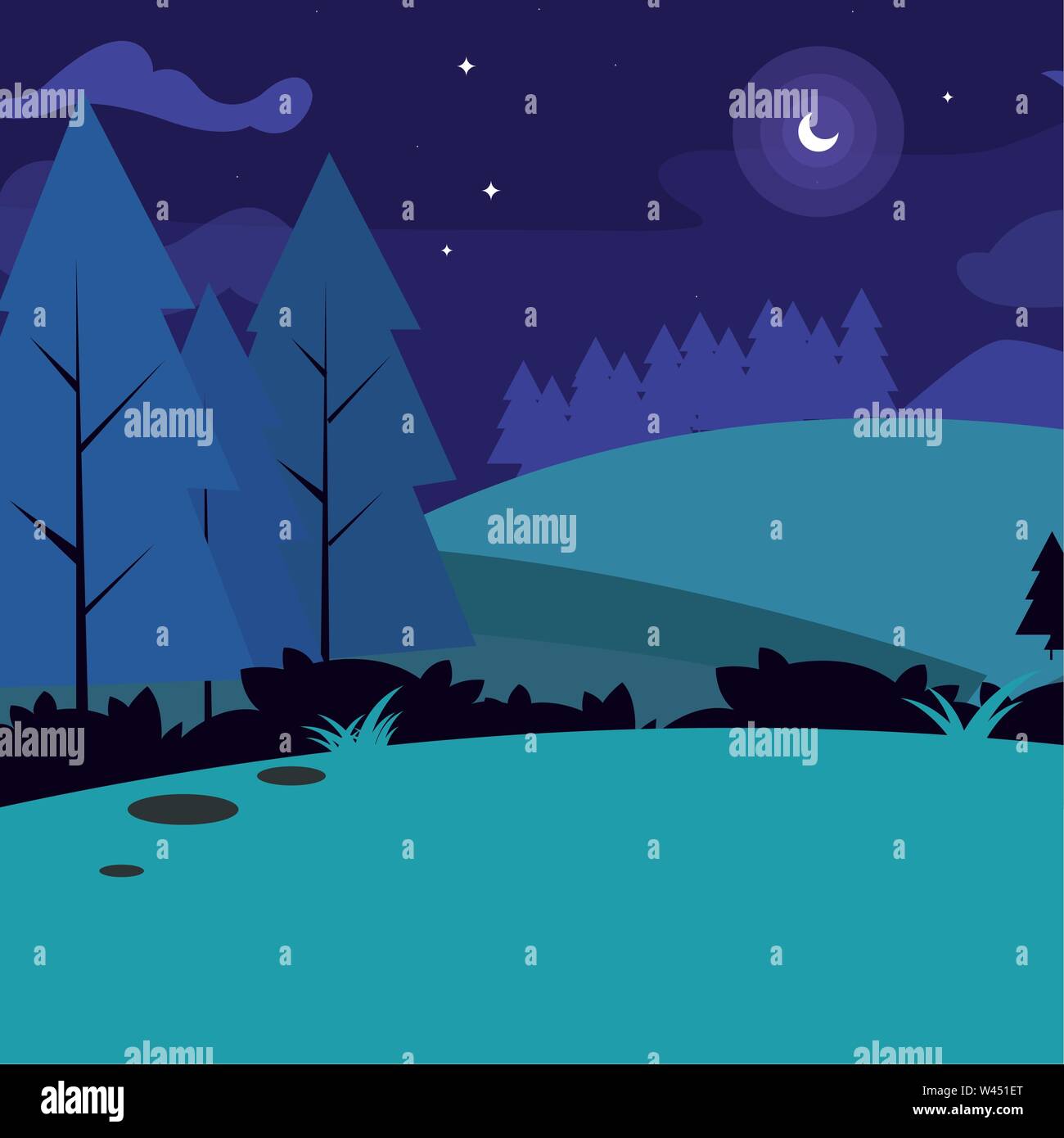 landscape tree forest field night moon vector illustration Stock Vector ...