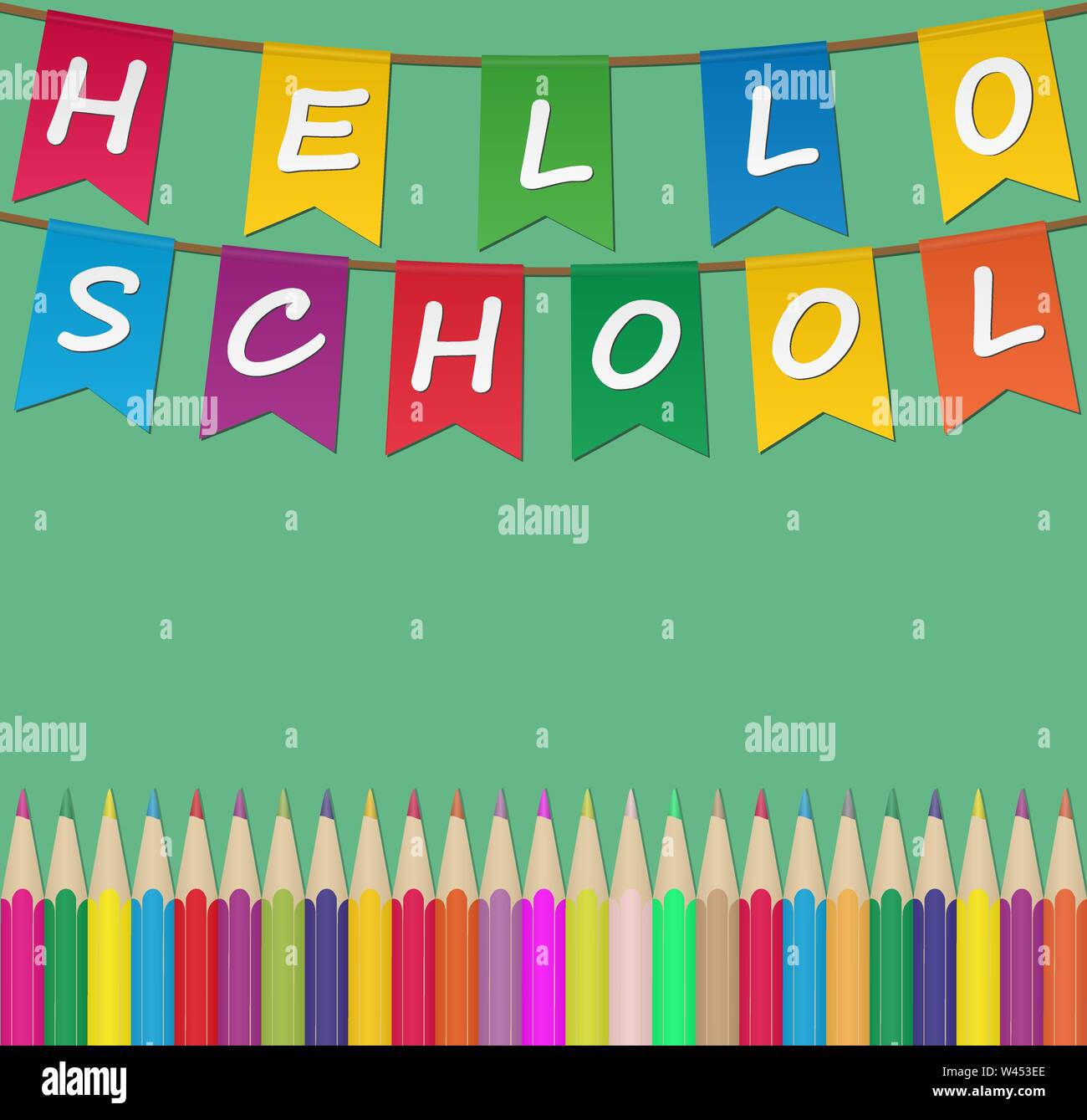 Set of colored Pencils and colored flags with the inscription Hello ...