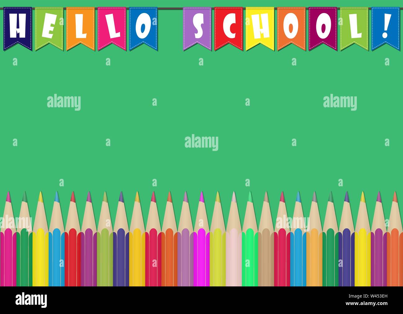 Set of colored Pencils and colored flags with the inscription Hello ...