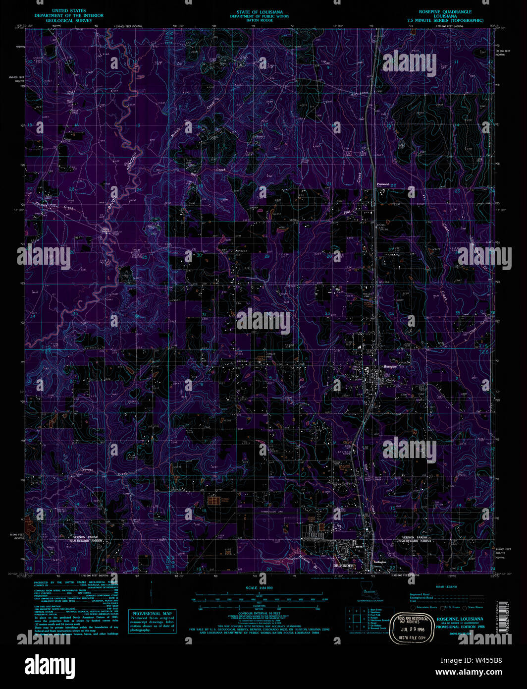 USGS TOPO Map Louisiana LA Rosepine 333193 1986 24000 Inverted Stock ...