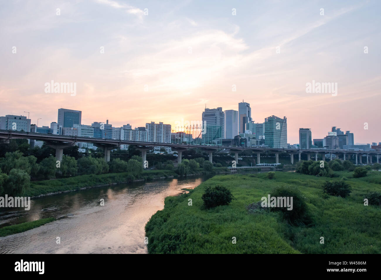 Seoul, South Korea - June 25 2019 : Sunset of Tancheon river in Seoul ...
