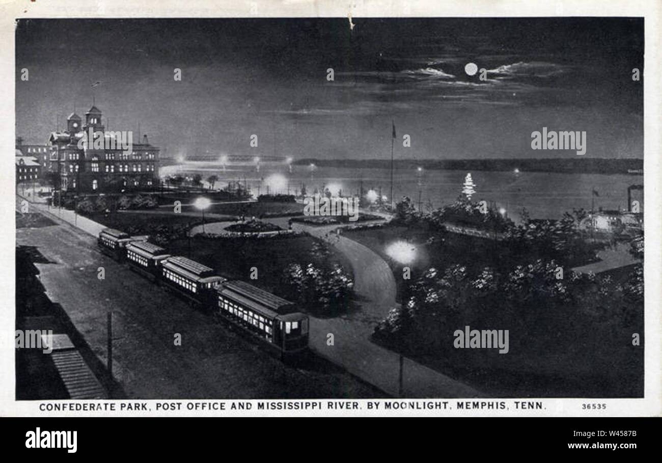 Confederate Park, Post Office and Mississippi River by Moonlight Stock ...