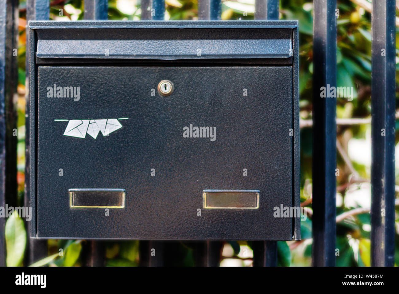 Black metal letterbox. Sunny morning. Waiting for a message Stock Photo ...