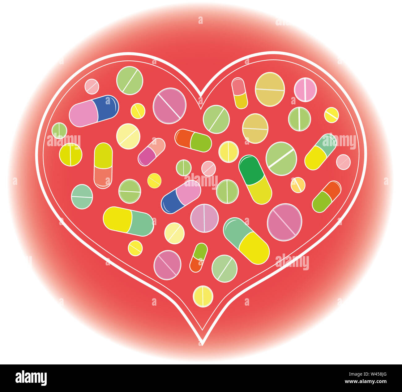 Flat drawing of a Medical icon in the shape of a heart. Medications ...