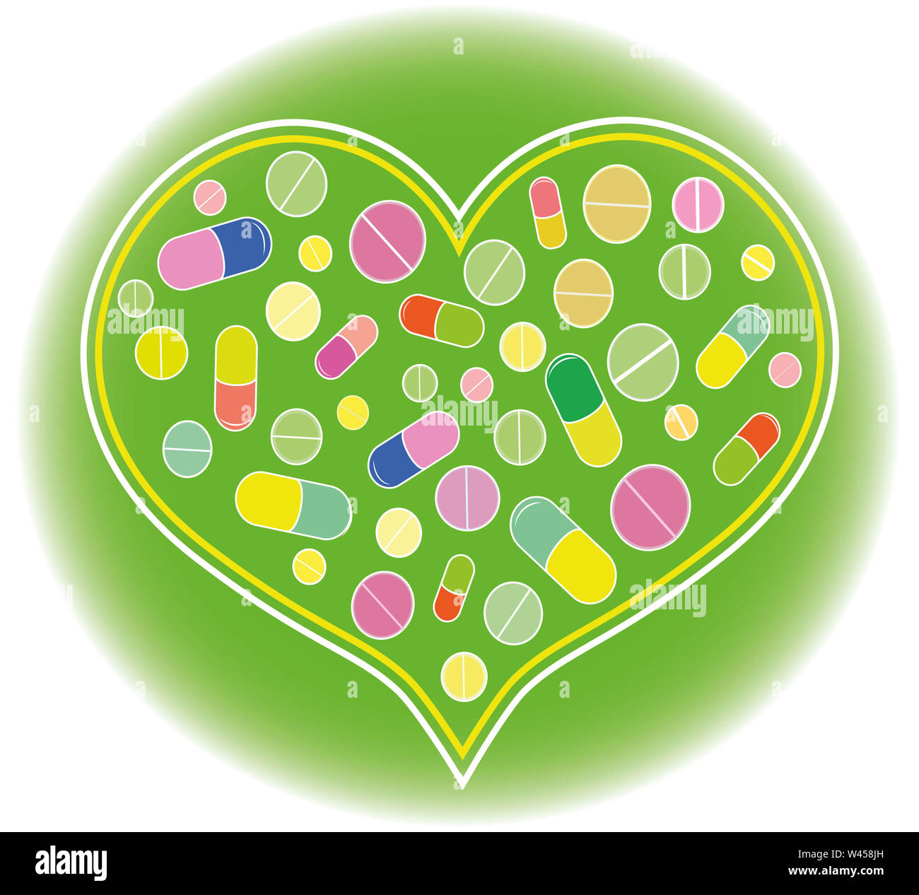 Flat drawing of a Medical icon in the shape of a heart. Medications ...