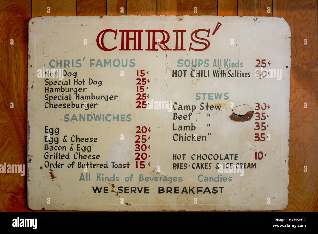 Chris' Menu, A vintage metal menu sign at Chris' Famous Hot Dogs, was ...