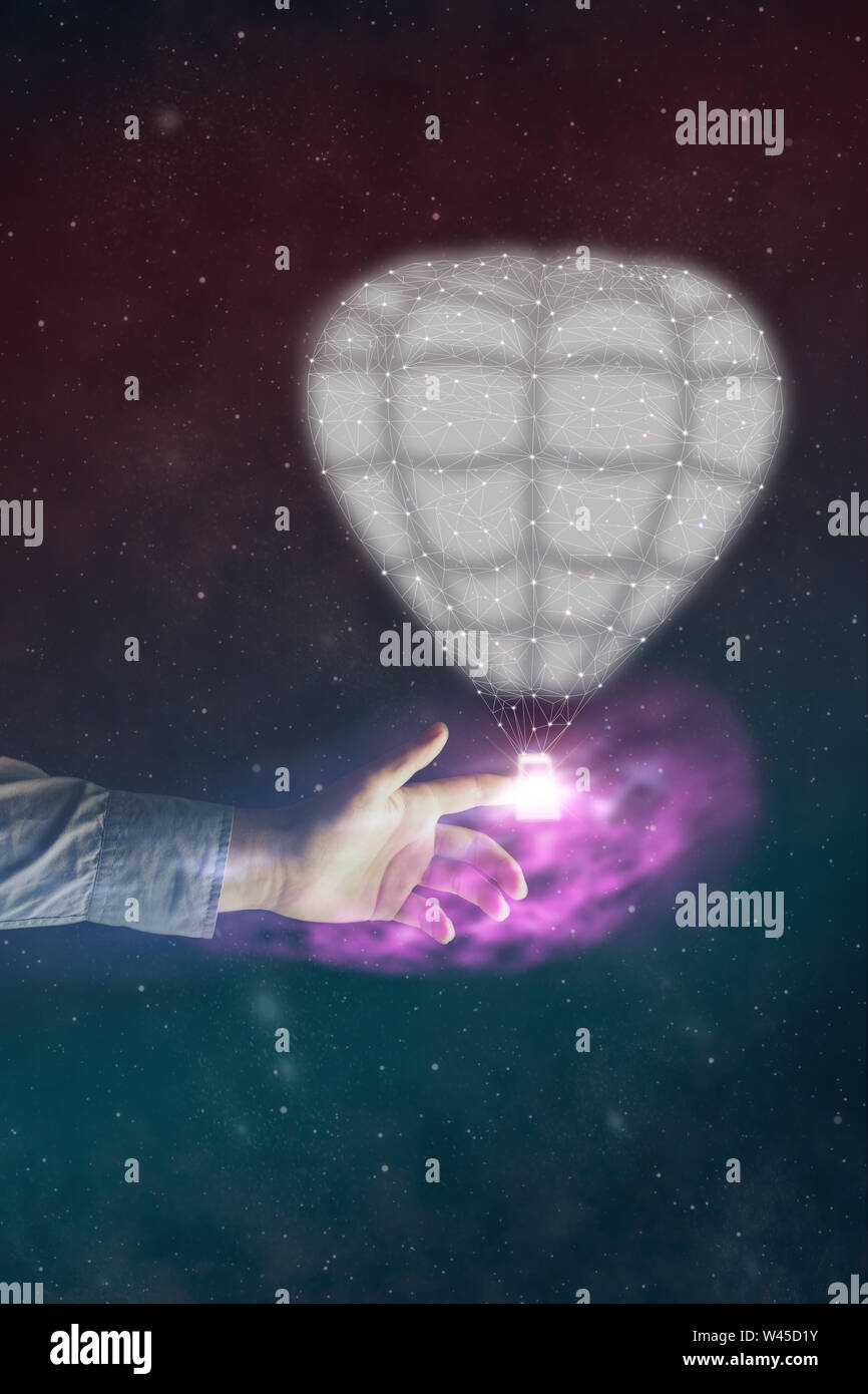 Human forefinger touches balloon innovative technologies. Mixed media ...