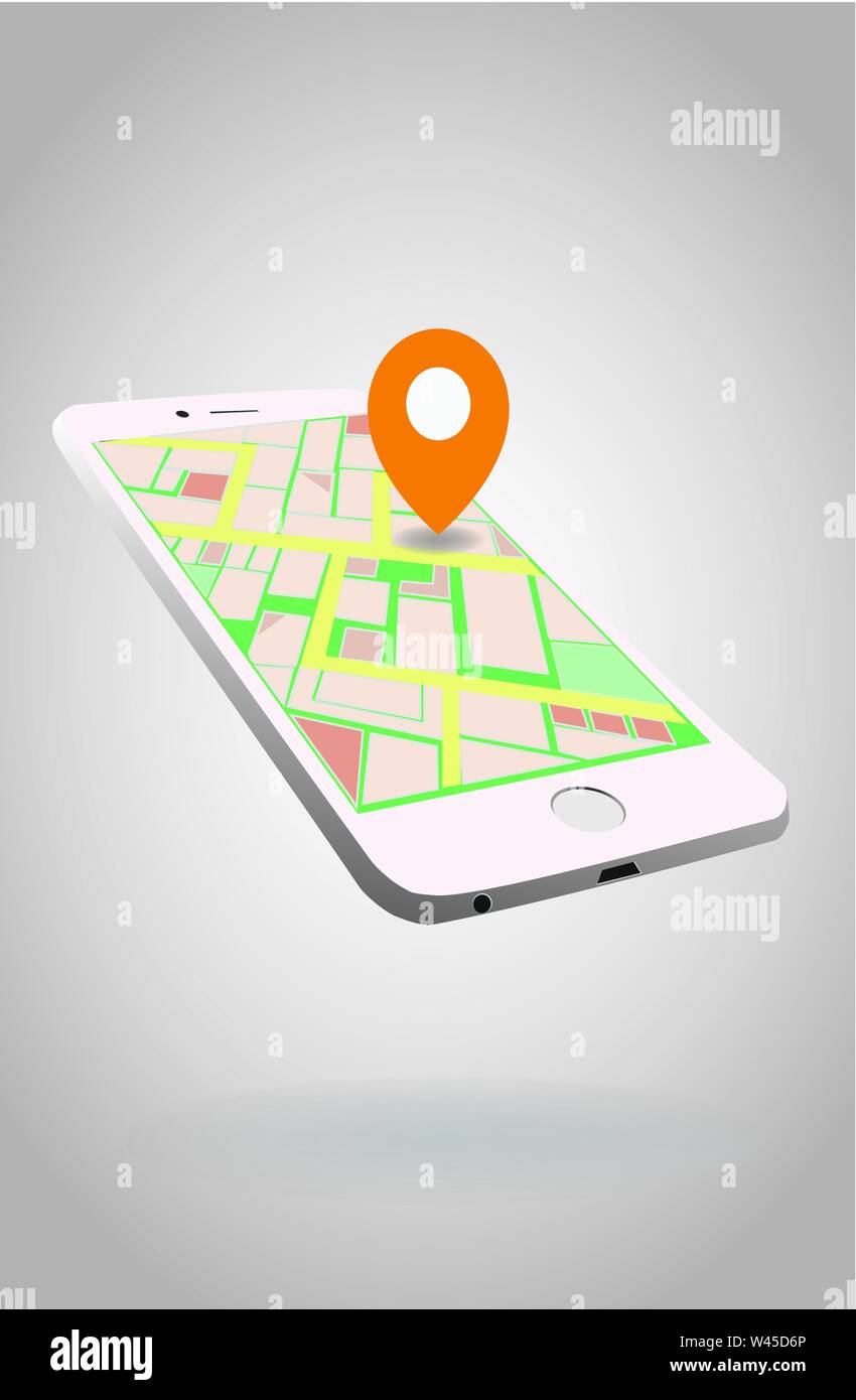 Navigation application on mobile phone. City map with pointer on mobile ...
