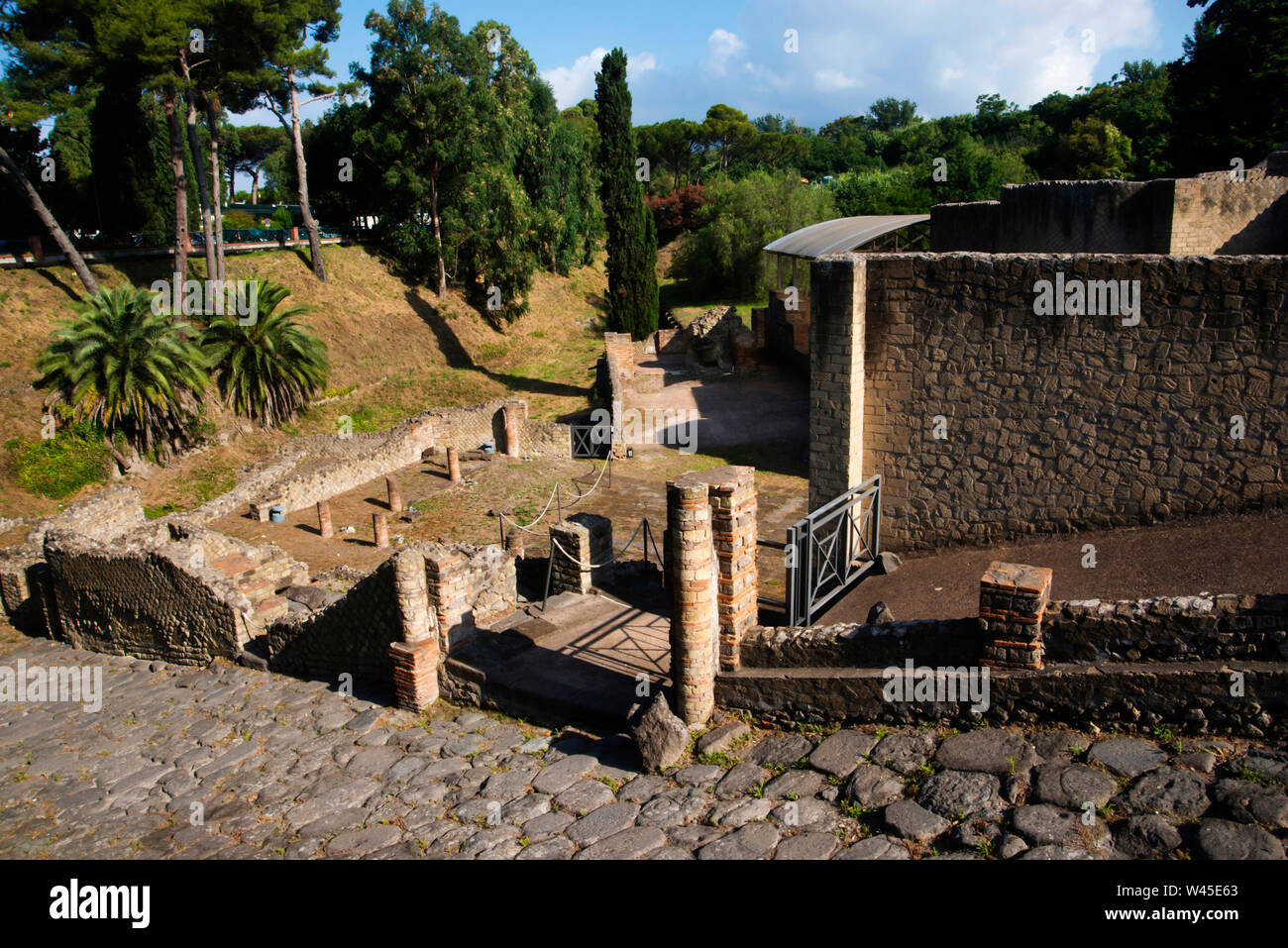 General view of the ruins of a Roman fort showing pillars and ancient ...