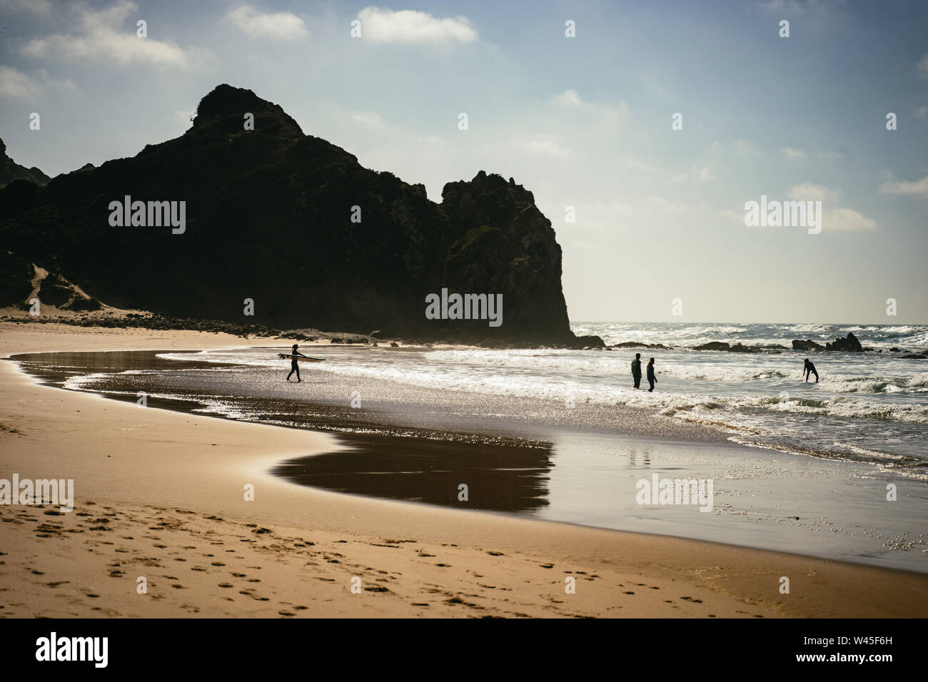 Surfers and swimmers on the beach Stock Photo - Alamy