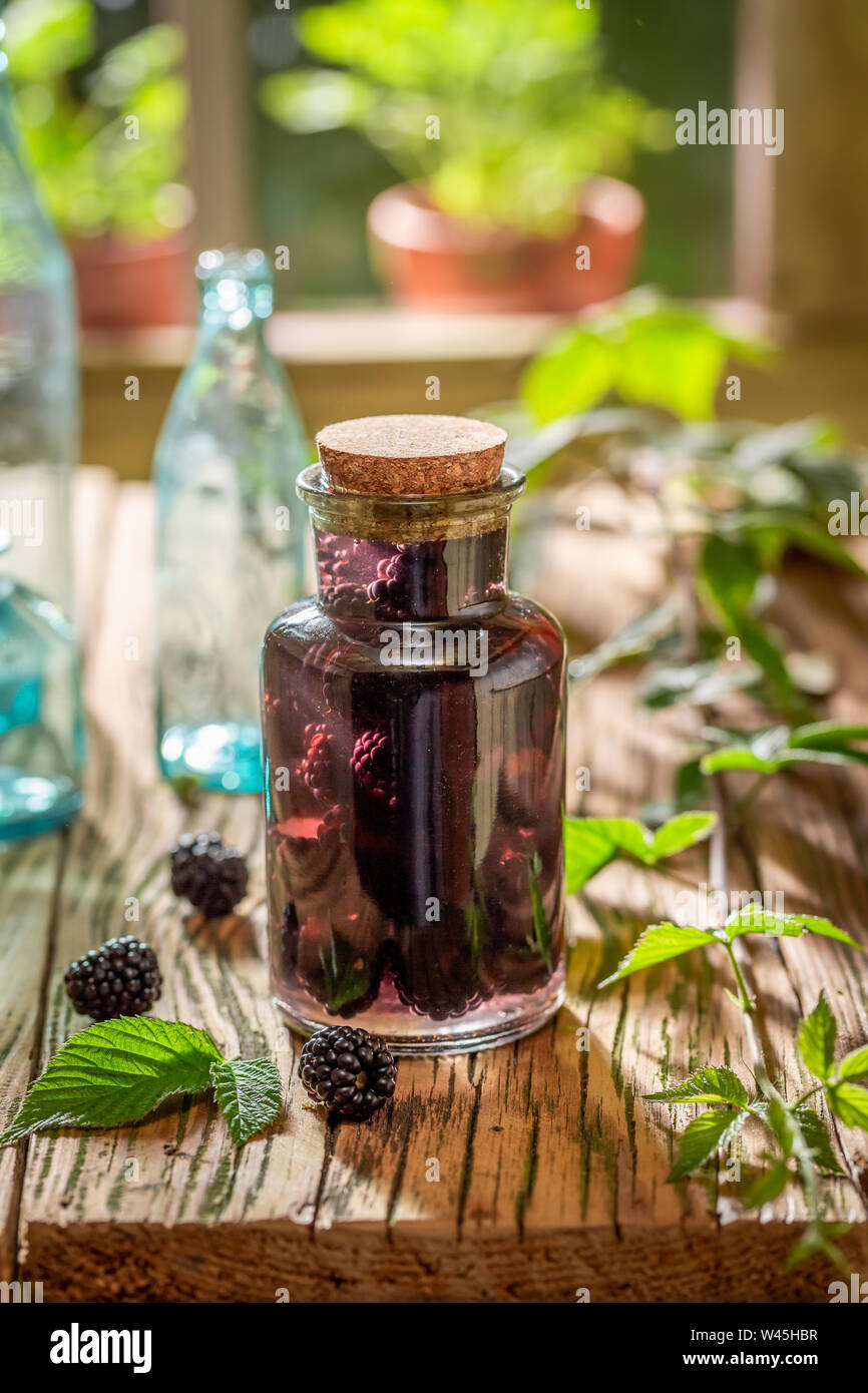 Sweet blackberry liqueur with alcohol and fresh fruits fruits Stock ...