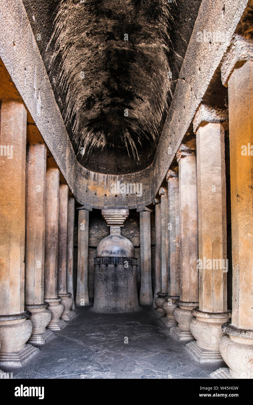 Cave 18, Interior view, Stupa in Nave and plain octagonal pillars with ...