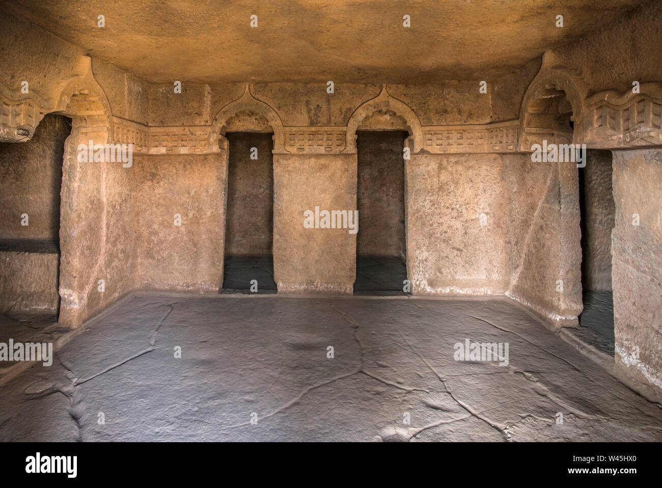 Cave 19, Interior view showing monk cells with miniature chaitya arches ...