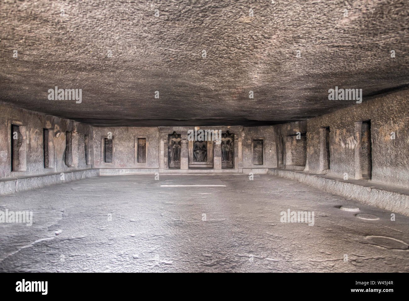 Cave 20, Showing inner hall of the vihara with rock-cut benches, monk ...