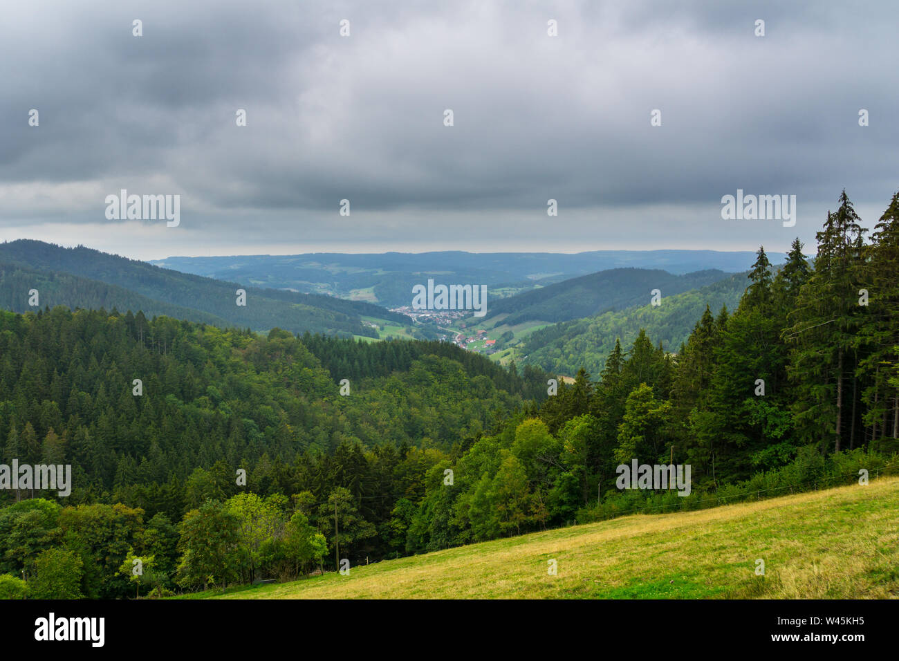 Germany, Viewpoint on black forest mountain down the valley of Elzach ...