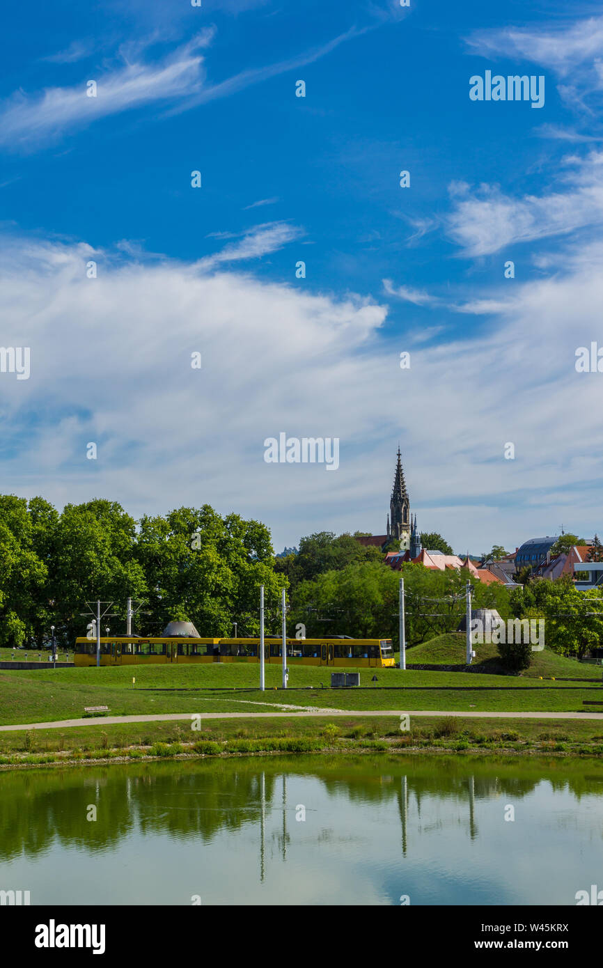 Germany, Stuttgart district Berg and Berger church behind city railway ...
