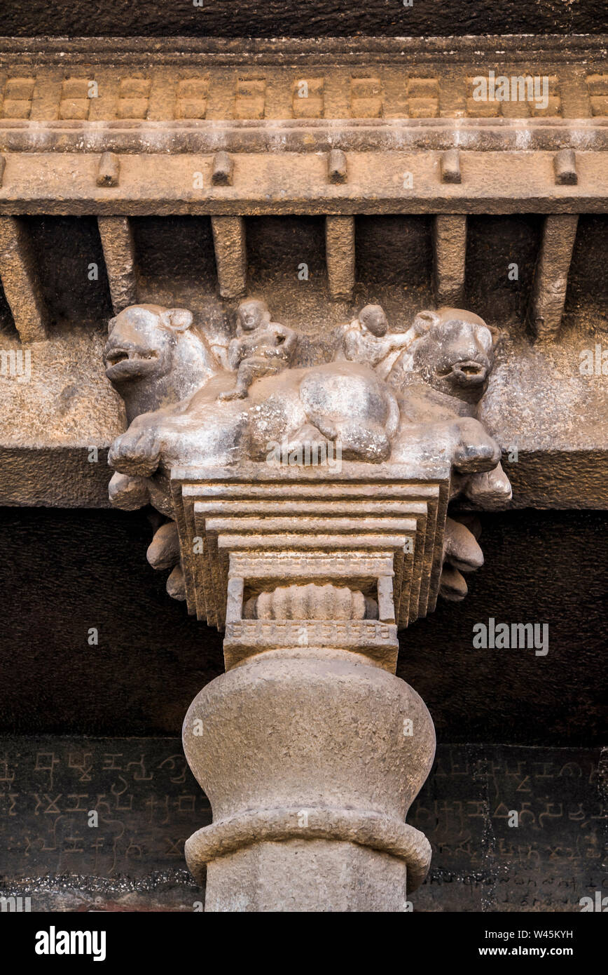 Cave No 10, The fourth pillar of the verandah showing two seated lions ...