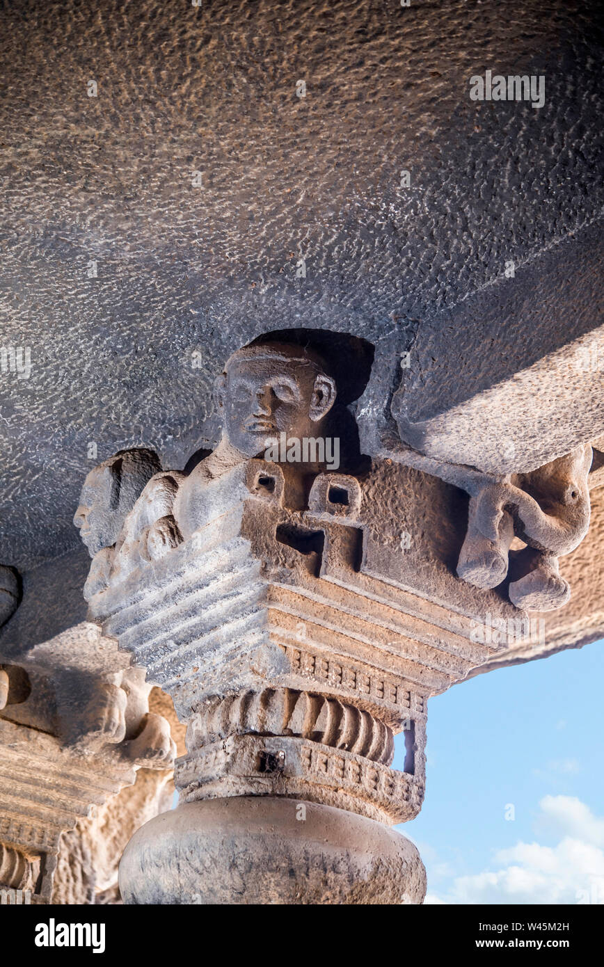 Cave 10, Pillar capital of verandah showing sphinx, Pandavleni Caves ...