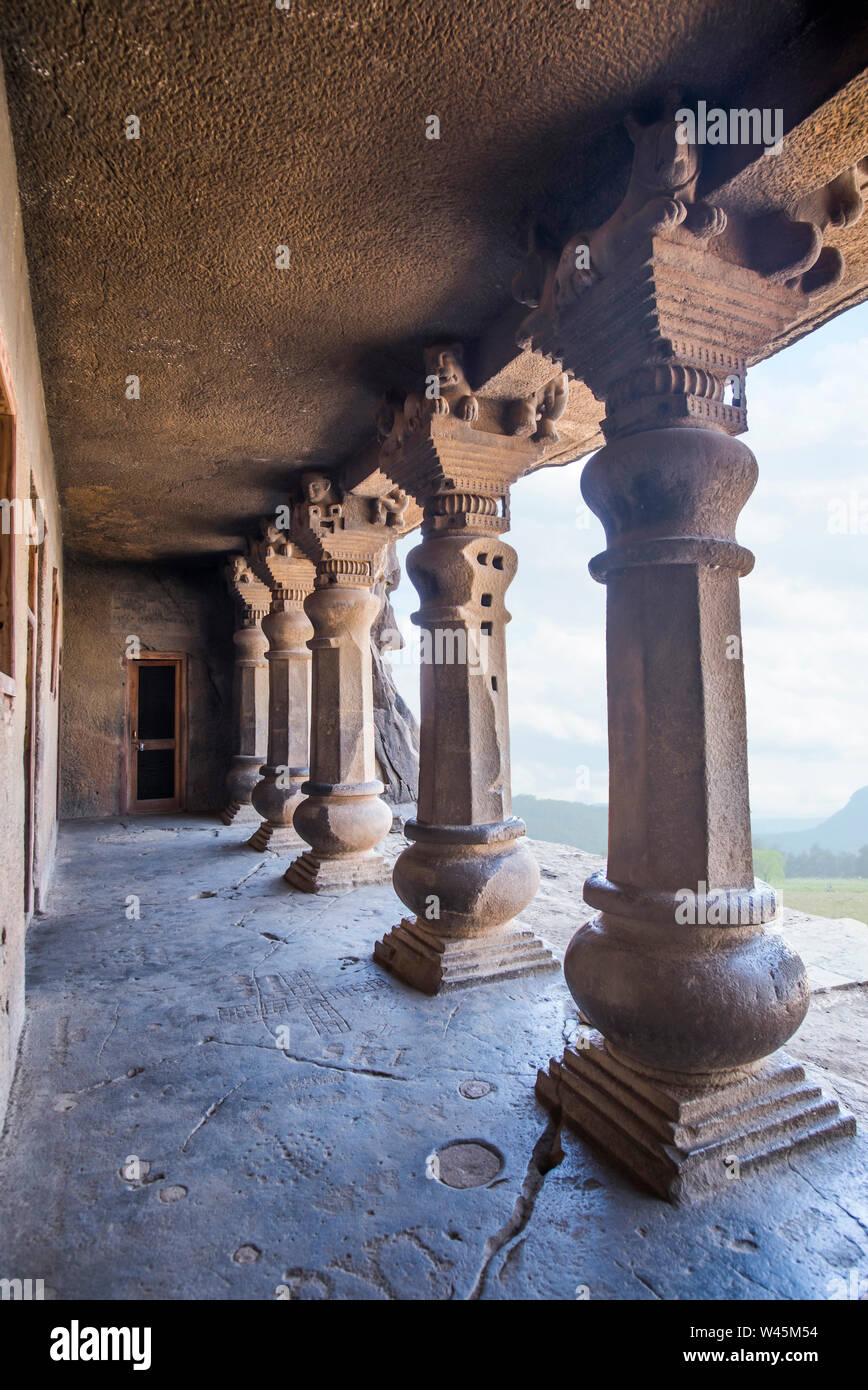 Cave 10, Pillared verandah and a monk cell at the far end, Pandavleni ...