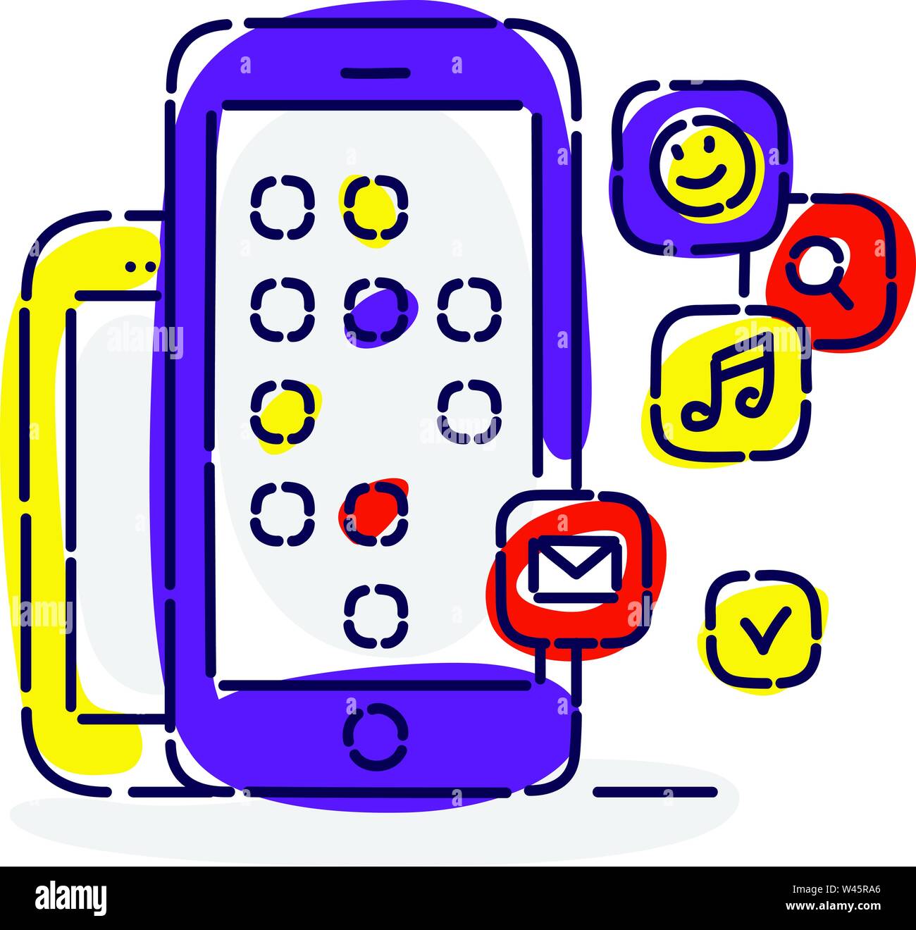 Illustration of smartphones with icons of social networks. Drawing ...