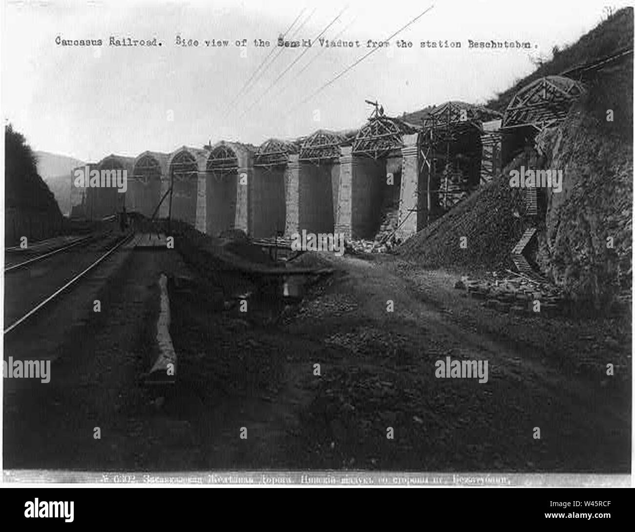 Constr. of Caucasus RR; view of Senski Viaduct from Beschutaban station ...