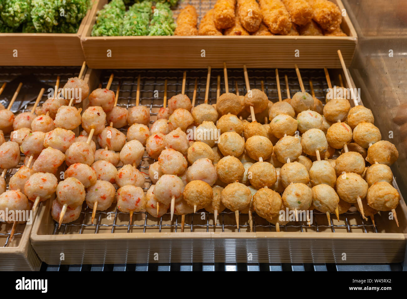 Famous street food fried fishball and meatball at night market Stock ...