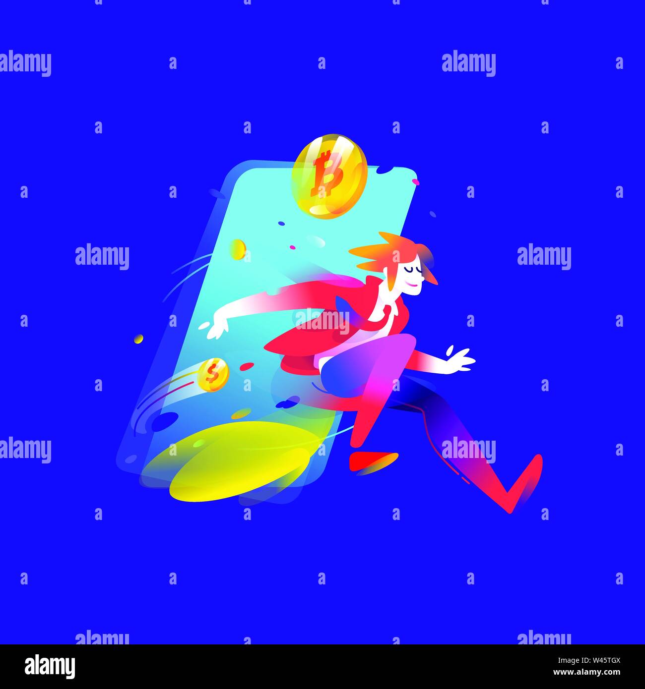 Illustration of a running man with coins bitcoin. Vector illustration ...