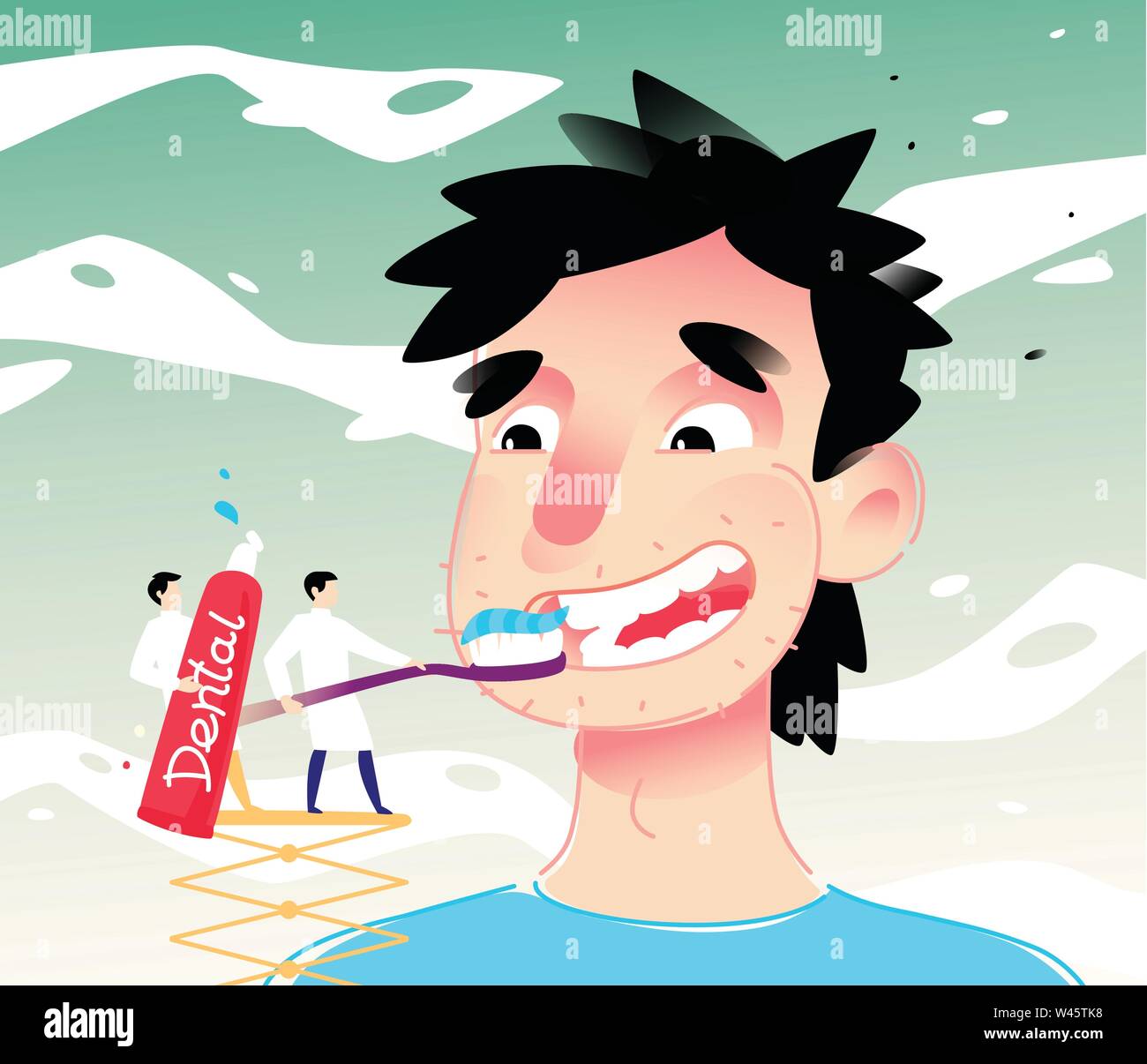Illustration of a cartoon man cleaning teeth. Vector illustration. The ...