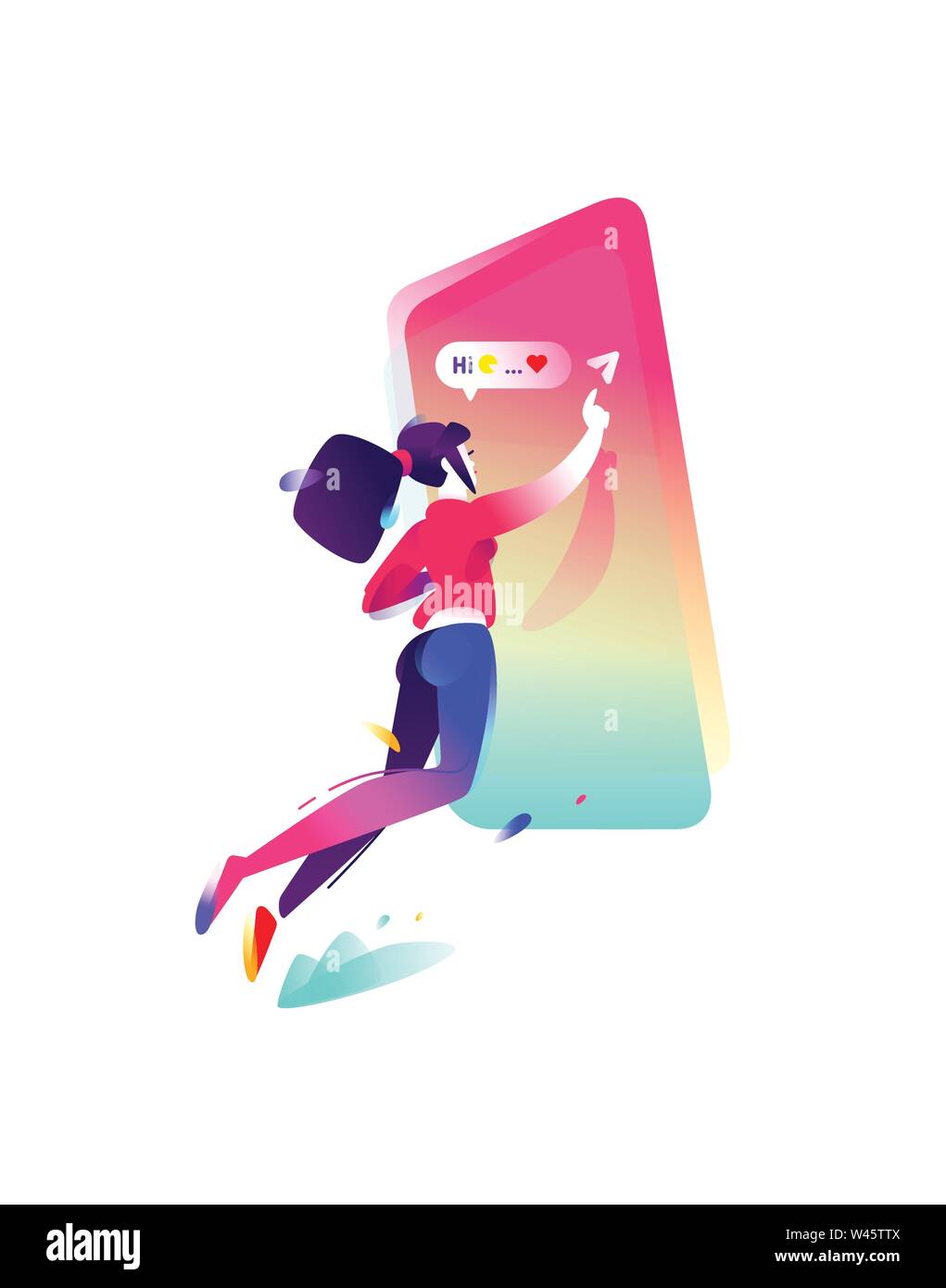 Illustration of a girl and a smartphone. Vector flat icon. The girl is ...