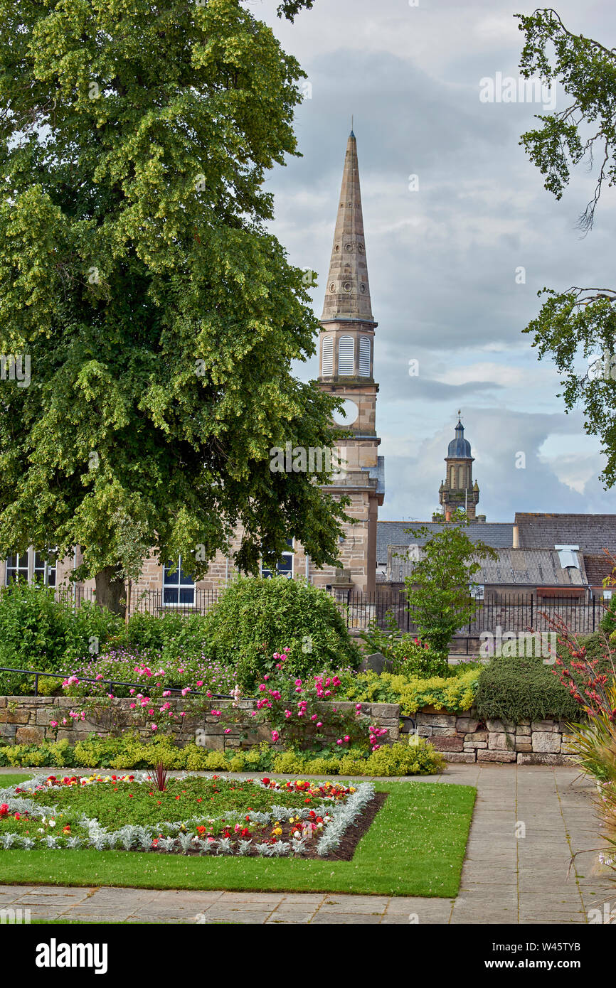 FORRES MORAY SCOTLAND FLOWER GARDENS IN FRONT OF THE STEEPLE OF ...