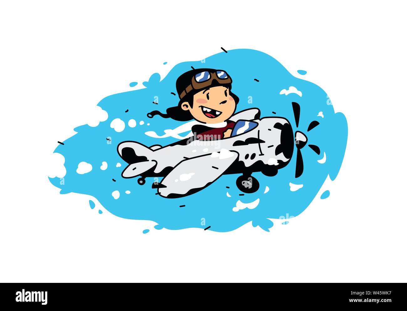 Illustration of a cartoon boy flying in a plane among the clouds ...