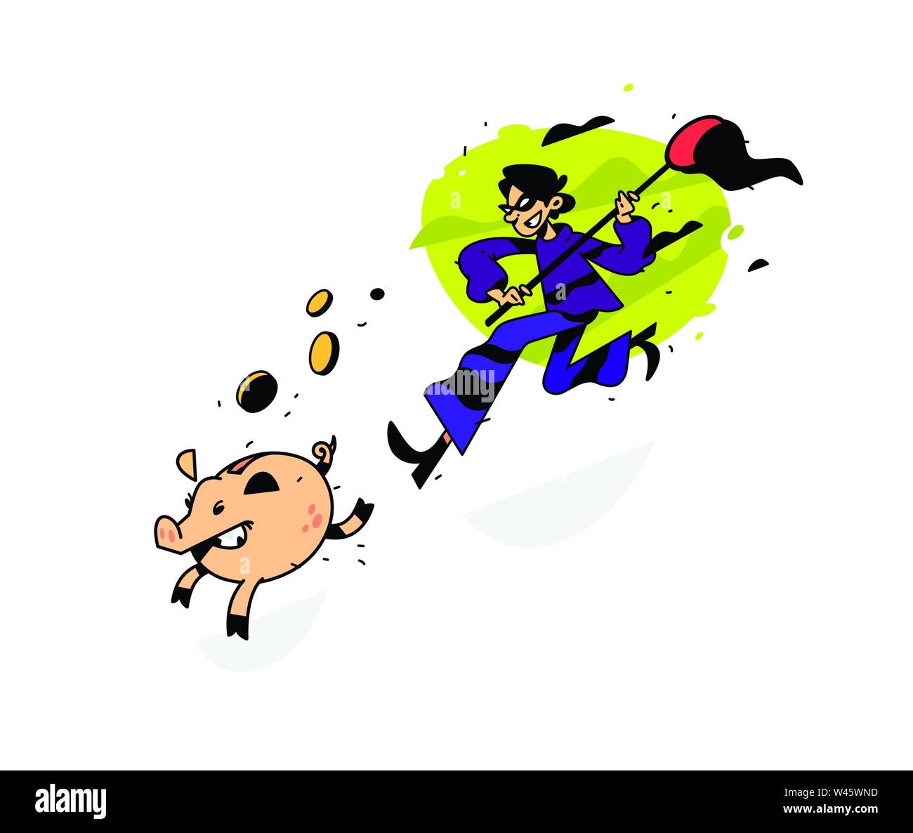 Illustration of a thief running after a piggy bank with a net. Vector ...
