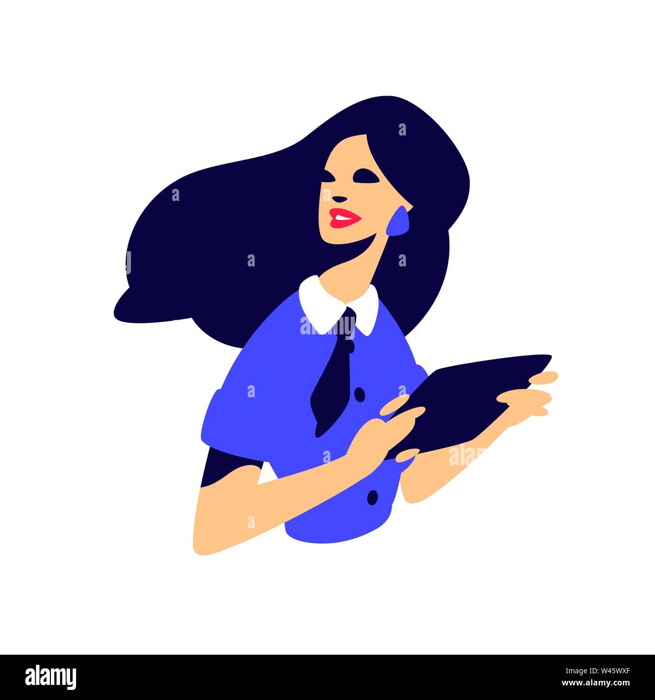 Illustration of a fashionable girl with a tablet. Vector flat ...