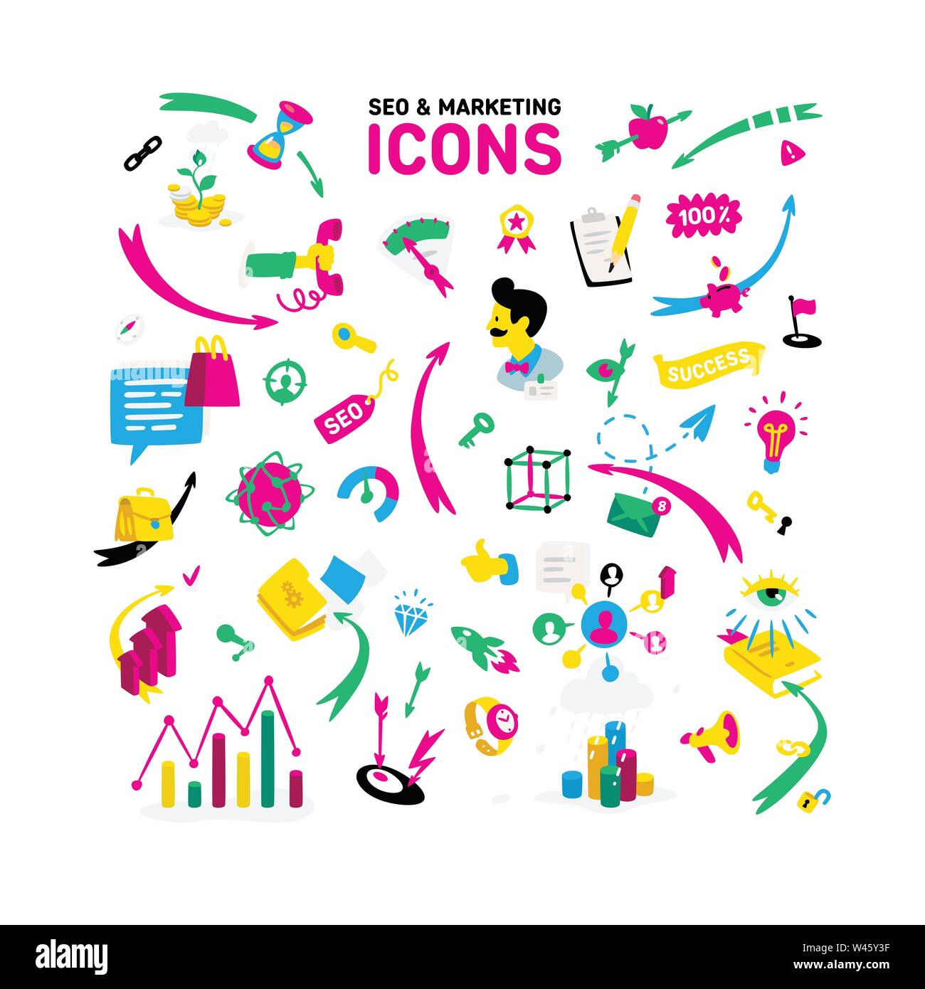 A set of icons on the theme of CEO and Marketing. Vector. Bright ...