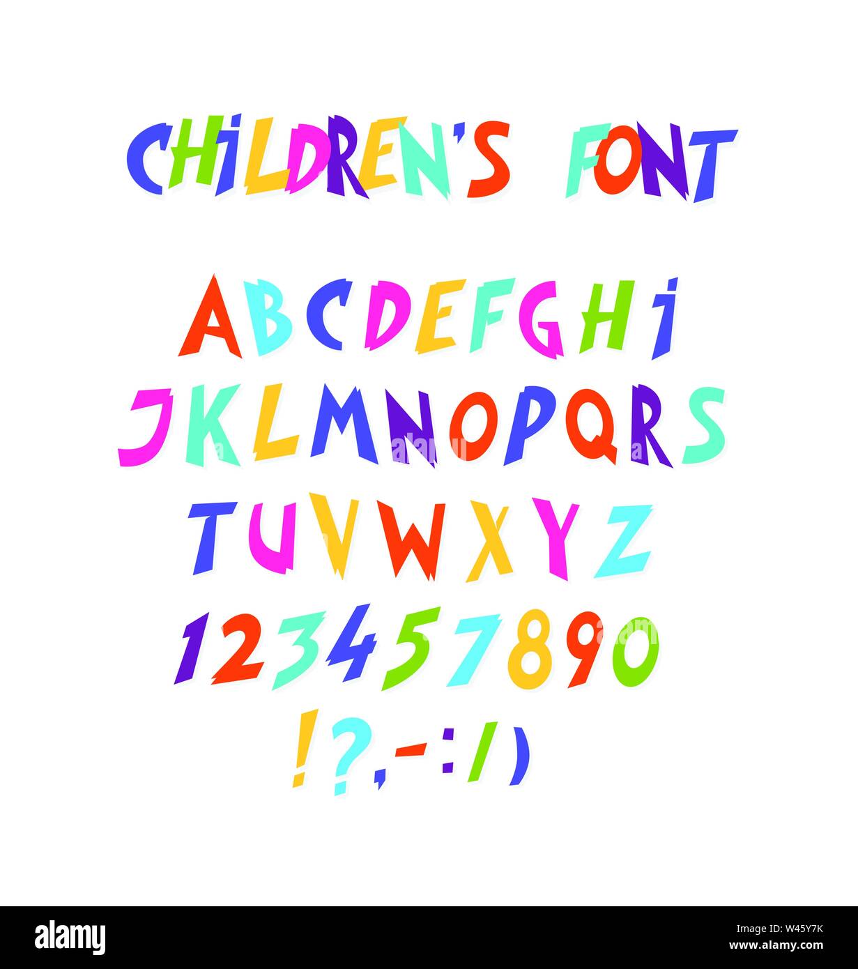 Full set of comic font. Vector. Letters and colored forms. A beautiful ...