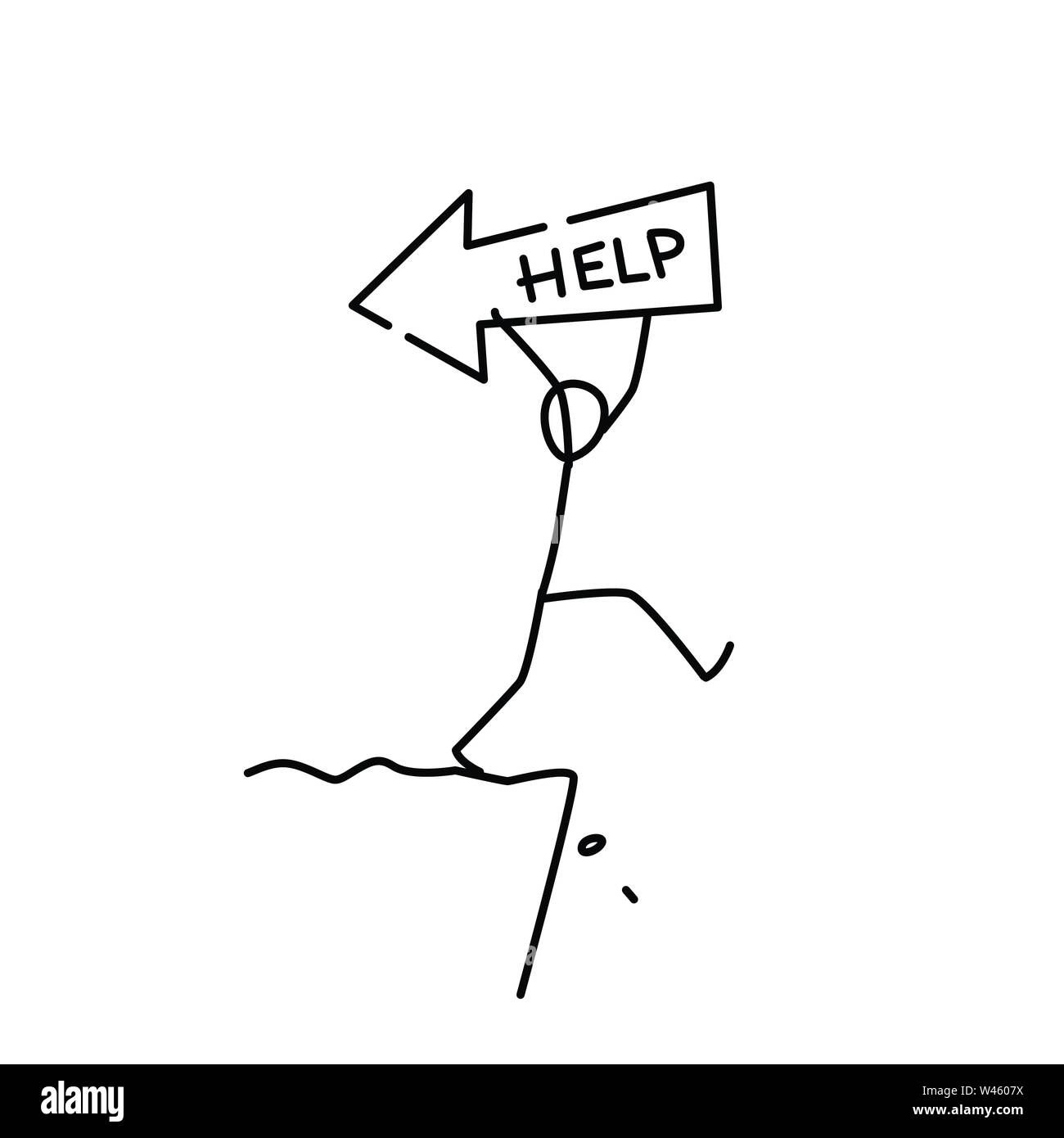 Illustration of a little man going to the abyss. Vector. Cry for help ...