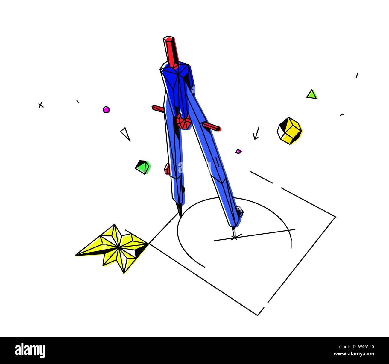 Contour illustration of a compass with drawings. Vector. Flat outline ...